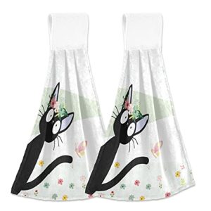 kocoart cute black cat kitchen towels spring summer flower bathroom hand towel hanging tie towel with loop 2pcs soft absorbent dish cloth fingertip towel for oven stove handle tabletop