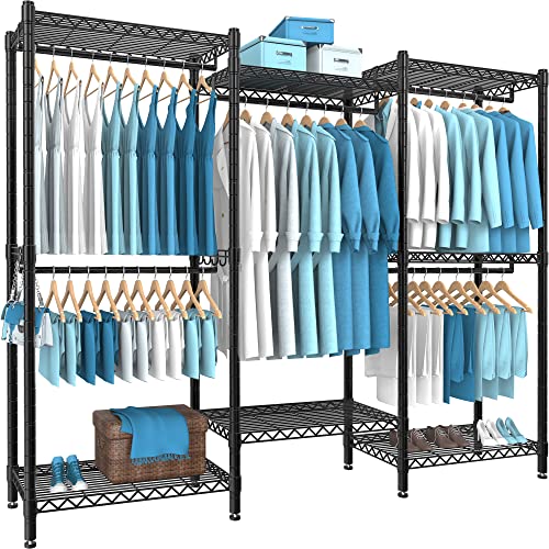 PUNION Portable Wardrobe Rack, 7 Tiers Wire Shelving Black Garment Rack, Compact Extra Large Clothing Racks Metal with 5 Hanging Rods, 1 Pair Side Hooks for Hanging Clothes