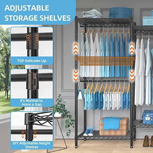 PUNION Portable Wardrobe Rack, 7 Tiers Wire Shelving Black Garment Rack, Compact Extra Large Clothing Racks Metal with 5 Hanging Rods, 1 Pair Side Hooks for Hanging Clothes