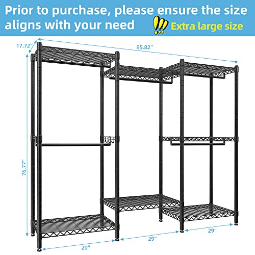 PUNION Portable Wardrobe Rack, 7 Tiers Wire Shelving Black Garment Rack, Compact Extra Large Clothing Racks Metal with 5 Hanging Rods, 1 Pair Side Hooks for Hanging Clothes