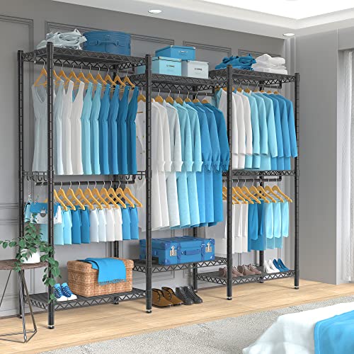 PUNION Portable Wardrobe Rack, 7 Tiers Wire Shelving Black Garment Rack, Compact Extra Large Clothing Racks Metal with 5 Hanging Rods, 1 Pair Side Hooks for Hanging Clothes