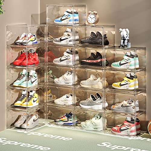 Shoe Storage Boxes Clear Stackable Acrylic Shoe Organizer for Closet, Sneaker Containers Bins Holders Shoe Containers with Lids, Sneaker Hangbag Display Case, Easy Assembly, Set of 3, Fit for Size 14