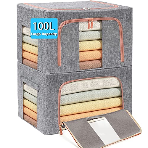 100L Large Clothes Storage Bags, Stackable Storage Bins with Hold Shape Metal Frame, Foldable Closet Organizer Storage Containers with Zipper, Clear Window, Durable Handles Thick Fabric Storage Box for Seasonal Clothing & Bedding (Gray, 2 Pack)