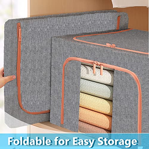 100L Large Clothes Storage Bags, Stackable Storage Bins with Hold Shape Metal Frame, Foldable Closet Organizer Storage Containers with Zipper, Clear Window, Durable Handles Thick Fabric Storage Box for Seasonal Clothing & Bedding (Gray, 2 Pack)