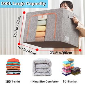 100L Large Clothes Storage Bags, Stackable Storage Bins with Hold Shape Metal Frame, Foldable Closet Organizer Storage Containers with Zipper, Clear Window, Durable Handles Thick Fabric Storage Box for Seasonal Clothing & Bedding (Gray, 2 Pack)