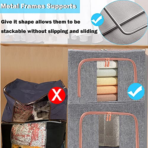 100L Large Clothes Storage Bags, Stackable Storage Bins with Hold Shape Metal Frame, Foldable Closet Organizer Storage Containers with Zipper, Clear Window, Durable Handles Thick Fabric Storage Box for Seasonal Clothing & Bedding (Gray, 2 Pack)