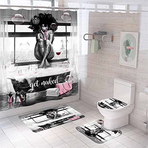 4PCSAfrican American Shower Curtain Sets with 12 Hooks Waterproof Polyester Bathroom Sets with Rugs and Accessories-Bath Mat,Toilet Lid Cover,U-Shaped Mat,Black Girl Shower Curtain for Bathroom