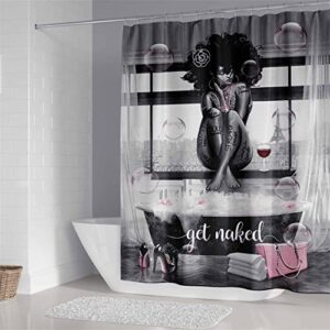 4PCSAfrican American Shower Curtain Sets with 12 Hooks Waterproof Polyester Bathroom Sets with Rugs and Accessories-Bath Mat,Toilet Lid Cover,U-Shaped Mat,Black Girl Shower Curtain for Bathroom