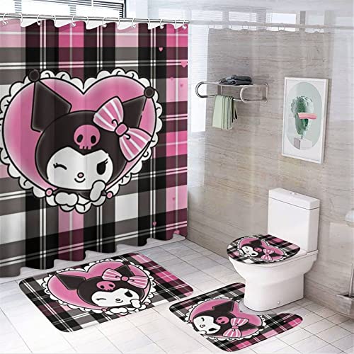 fmsnupz 4PCS Anime Shower Curtain Set, Cute Bathroom Decor with Non-Slip Rugs, Toilet Lid Cover and Bath Mat, Waterproof Fabric Shower Curtains with 12 Hooks, 70.8"x70.8"