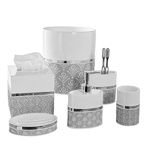 Creative Scents White And Gray Bathroom Accessories Set - Decorative 6-piece Bathroom Set Includes: Trash Can, Tissue Cover, Soap Dispenser, Soap Dish, Toothbrush Holder & Tumbler, Mirror Damask Style