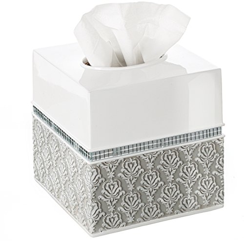 Creative Scents White And Gray Bathroom Accessories Set - Decorative 6-piece Bathroom Set Includes: Trash Can, Tissue Cover, Soap Dispenser, Soap Dish, Toothbrush Holder & Tumbler, Mirror Damask Style