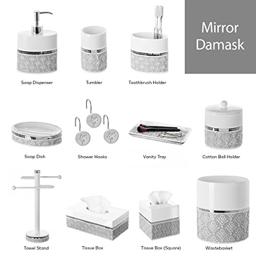 Creative Scents White And Gray Bathroom Accessories Set - Decorative 6-piece Bathroom Set Includes: Trash Can, Tissue Cover, Soap Dispenser, Soap Dish, Toothbrush Holder & Tumbler, Mirror Damask Style