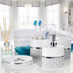 Creative Scents White And Gray Bathroom Accessories Set - Decorative 6-piece Bathroom Set Includes: Trash Can, Tissue Cover, Soap Dispenser, Soap Dish, Toothbrush Holder & Tumbler, Mirror Damask Style