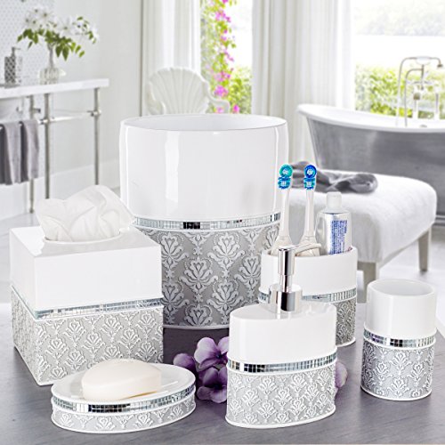 Creative Scents White And Gray Bathroom Accessories Set - Decorative 6-piece Bathroom Set Includes: Trash Can, Tissue Cover, Soap Dispenser, Soap Dish, Toothbrush Holder & Tumbler, Mirror Damask Style