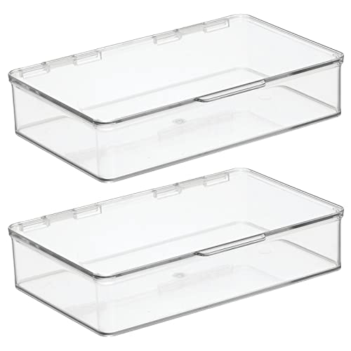 mDesign Plastic Closet Storage Organizer Box Containers with Hinged Lid for Shelves or Cabinets, Holds Necklaces, Hair Ties, Bracelets, Earrings, Wallets, Cosmetics, and Accessories - 2 Pack - Clear