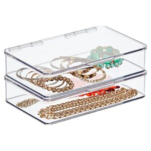 mdesign plastic closet storage organizer box containers with hinged lid for shelves or cabinets, holds necklaces, hair ties, bracelets, earrings, wallets, cosmetics, and accessories - 2 pack - clear