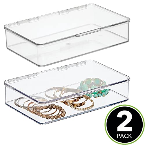 mDesign Plastic Closet Storage Organizer Box Containers with Hinged Lid for Shelves or Cabinets, Holds Necklaces, Hair Ties, Bracelets, Earrings, Wallets, Cosmetics, and Accessories - 2 Pack - Clear