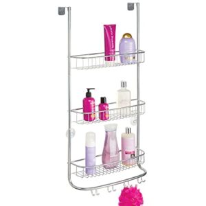 mdesign metal shower door hanger caddy basket, bathroom wall hanging organizer shelf, built-in hook, 3 tier shelves for shower stalls, holds shampoo and body wash, extra large, omni collection, chrome