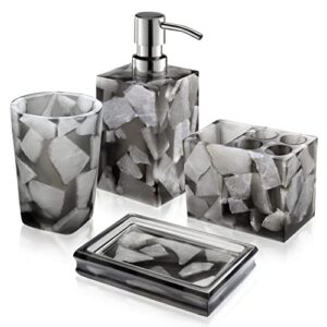 aimone bathroom accessories set - 4 pcs black marble bathroom sets - includes soap dispenser, toothbrush holder, tumblers & soap dish- housewarming gift - bathroom vanity countertop organizer