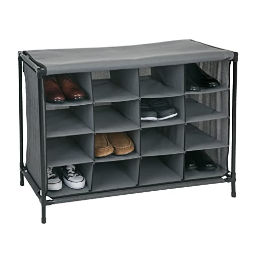 Simplify 16 Pair Shoe Rack with Cover | Stackable | Storage & Organization | Closet | Bedroom | Entryway | Grey