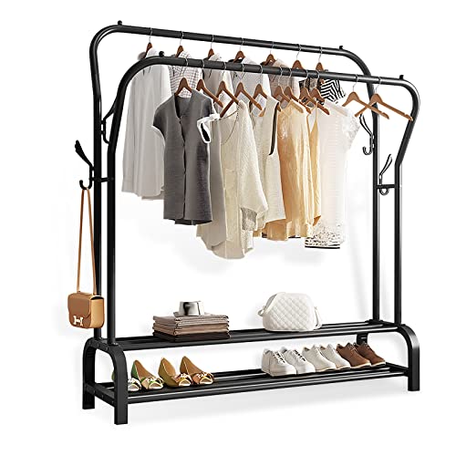 TORIBIO Garment Rack Free standing Clothes Hanger with Double Rods Upgrade Multi-functional Storage Shelf Coat Rack 4 Hooks Black