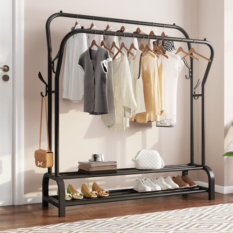 TORIBIO Garment Rack Free standing Clothes Hanger with Double Rods Upgrade Multi-functional Storage Shelf Coat Rack 4 Hooks Black