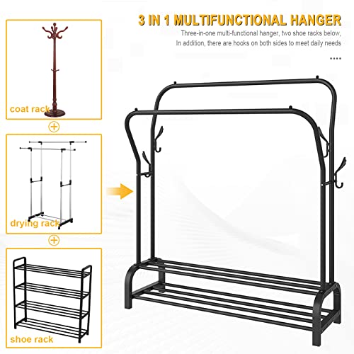 TORIBIO Garment Rack Free standing Clothes Hanger with Double Rods Upgrade Multi-functional Storage Shelf Coat Rack 4 Hooks Black