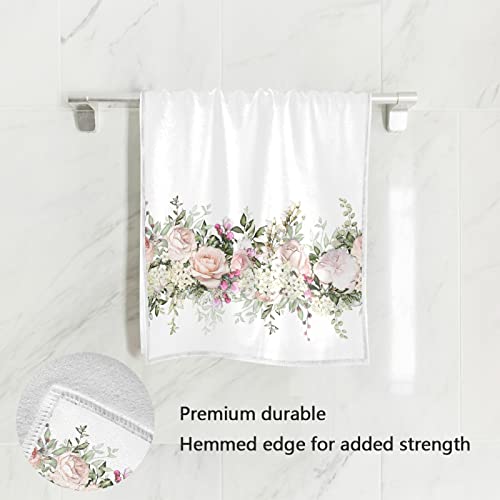 Bolaz Hand Towels Bath Towels for Bathroom Washcloths Face Cloths Cotton Retro Pink Rose and Leaves Decorative Absorbent Soft 30x15in