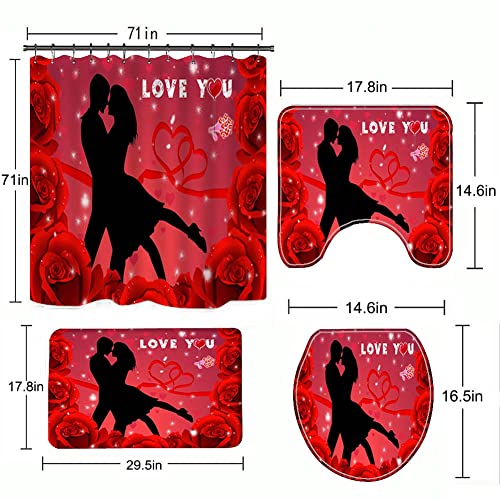 4 PCS Valentine's Day Shower Curtain Set with Rugs, 72x72 Waterproof Shower Curtains with Hooks Heart Gnomes Red Truck Patterned Bath Mat Holiday Decor Valentine's Day Decorations for Bathroom