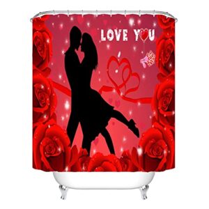 4 PCS Valentine's Day Shower Curtain Set with Rugs, 72x72 Waterproof Shower Curtains with Hooks Heart Gnomes Red Truck Patterned Bath Mat Holiday Decor Valentine's Day Decorations for Bathroom