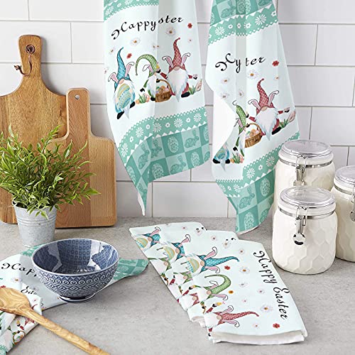 Beisseid Easter Day Kitchen Towels Bunny Ears Gnomes Dish Cloth Fingertip Bath Towels Easter Egg Check Plaid Floral Hand Drying Soft Cotton Tea Towel Set, 18x28in 2PCS