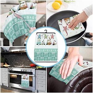 Beisseid Easter Day Kitchen Towels Bunny Ears Gnomes Dish Cloth Fingertip Bath Towels Easter Egg Check Plaid Floral Hand Drying Soft Cotton Tea Towel Set, 18x28in 2PCS