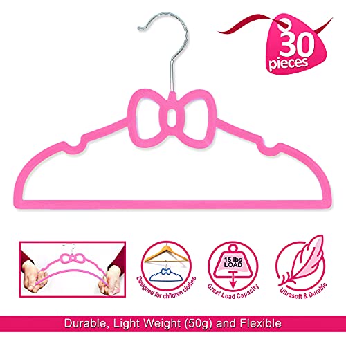 Kids Velvet Hangers (13" - 30 Pack) - Baby Clothes Hangers with Light Pink Bow Design for Ages 4-12 -Toddler Hangers- Small Hangers - Baby Hangers Velvet & Baby Felt Hangers(Light Pink)