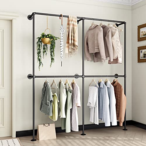 IronJiaZu Industrial Pipe Clothing Rack Wall Mounted Garment Rack,Black Clothes Rack Retail Display Hanging Rod for Closet Storage,Laundry Room