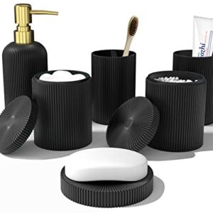 LKKL Bathroom Accessory Set 6 Pcs-Bathroom Accessories Sets Complete with Soap Dispenser,Toothbrush Holder,Rinse Cup,Soap Dish,Cotton Swab Canisters -for Bathroom Décor and Organization(Black)