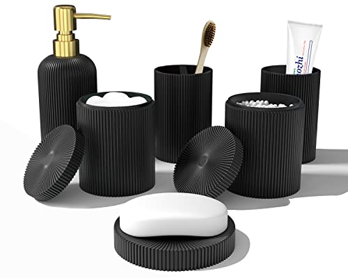 LKKL Bathroom Accessory Set 6 Pcs-Bathroom Accessories Sets Complete with Soap Dispenser,Toothbrush Holder,Rinse Cup,Soap Dish,Cotton Swab Canisters -for Bathroom Décor and Organization(Black)