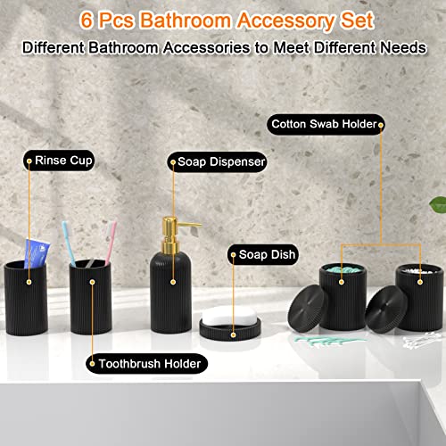 LKKL Bathroom Accessory Set 6 Pcs-Bathroom Accessories Sets Complete with Soap Dispenser,Toothbrush Holder,Rinse Cup,Soap Dish,Cotton Swab Canisters -for Bathroom Décor and Organization(Black)