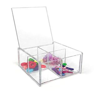 Isaac Jacobs 4-Compartment Square Clear Acrylic Organizer with Lid (5.75" L x 5.75" W x 2.75" H), Multi-Sectional Tray, Stackable, Storage Solution for School, Craft, Office Supplies, Kitchen & More