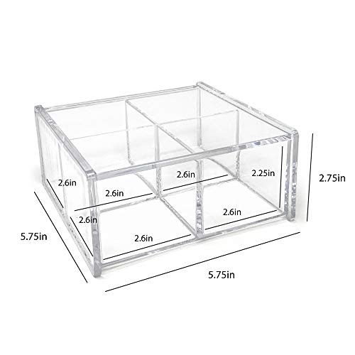 Isaac Jacobs 4-Compartment Square Clear Acrylic Organizer with Lid (5.75" L x 5.75" W x 2.75" H), Multi-Sectional Tray, Stackable, Storage Solution for School, Craft, Office Supplies, Kitchen & More