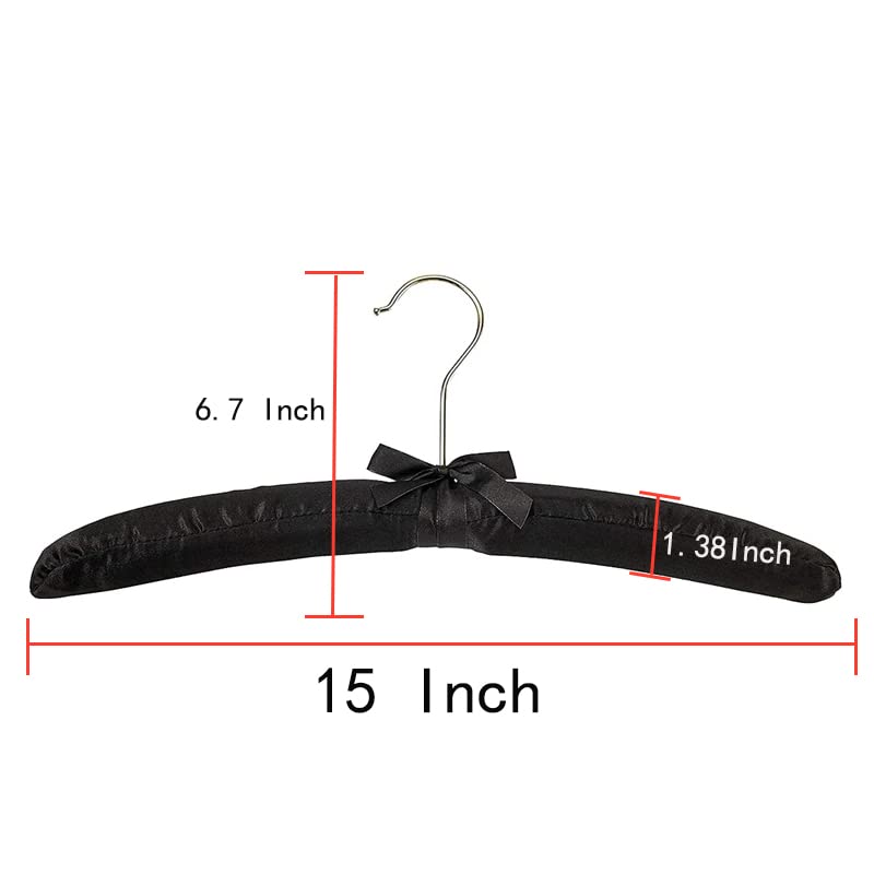 15 Inch Large Black Satin Padded Hangers for Women Clothing Women Padded Coat Hangers- Foam Hanger Non Slip Satin Canvas Covers for Adults Wedding Bridesmaid (Pack of 6)