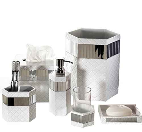 Creative Scents White Bathroom Accessories Set - Decorative 6 Piece Bathroom Accessory Set Features: Trash Can, Tissue Cover, Soap Dispenser, Toothbrush Holder, Tumbler & Soap Dish (Quilted Mirror)