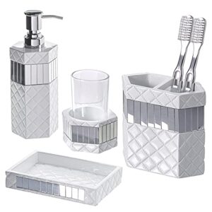 Creative Scents White Bathroom Accessories Set - Decorative 6 Piece Bathroom Accessory Set Features: Trash Can, Tissue Cover, Soap Dispenser, Toothbrush Holder, Tumbler & Soap Dish (Quilted Mirror)