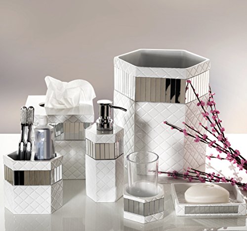 Creative Scents White Bathroom Accessories Set - Decorative 6 Piece Bathroom Accessory Set Features: Trash Can, Tissue Cover, Soap Dispenser, Toothbrush Holder, Tumbler & Soap Dish (Quilted Mirror)