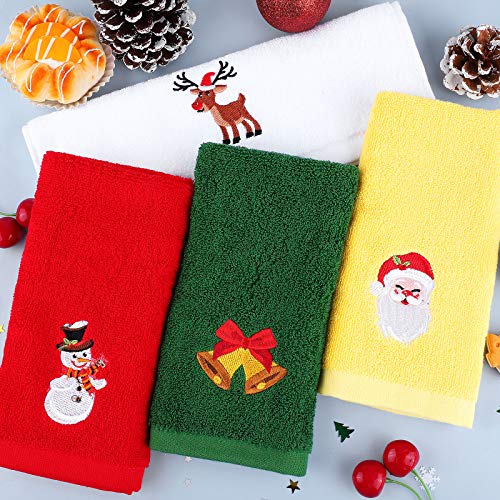 Aneco 4 Pack Christmas Hand Towels 12 x 18 Inches 100% Pure Cotton Washcloths Towels Christmas Pattern Design Christmas Towels Gift Set, Bathroom Decorative Dish Towels Set (Red, White, Yellow, Green)