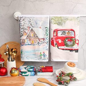 4 Pieces Christmas Hand Towel Christmas Dish Towels Kitchen Towels Bathroom Hand Towel Farmhouse Snowman Truck Christmas Decor Holiday Hand Towels for Bathroom, Home, Kitchen Drying and Cleaning