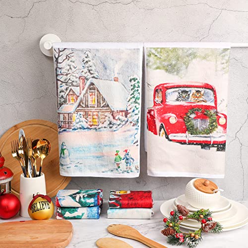 4 Pieces Christmas Hand Towel Christmas Dish Towels Kitchen Towels Bathroom Hand Towel Farmhouse Snowman Truck Christmas Decor Holiday Hand Towels for Bathroom, Home, Kitchen Drying and Cleaning