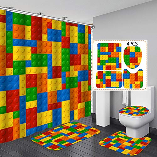 Faitove 4PCS Kids Funny Blocks Shower Curtain Sets with Non-Slip Rugs, Toilet Lid Cover and Bath Mat, Colorful Shower Curtain Cloth Waterproof Polyester Fabric Bright Bathroom wtih Hooks, 72 x 72