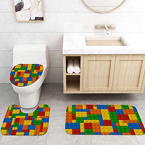 Faitove 4PCS Kids Funny Blocks Shower Curtain Sets with Non-Slip Rugs, Toilet Lid Cover and Bath Mat, Colorful Shower Curtain Cloth Waterproof Polyester Fabric Bright Bathroom wtih Hooks, 72 x 72