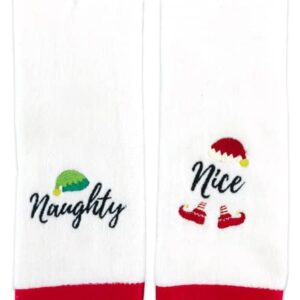 Serafina Home Holiday Christmas Fingertip Towels: White Terry Cotton Embroidered Naughty Nice Elf Hats with Red Border