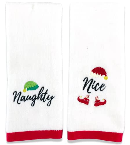 Serafina Home Holiday Christmas Fingertip Towels: White Terry Cotton Embroidered Naughty Nice Elf Hats with Red Border